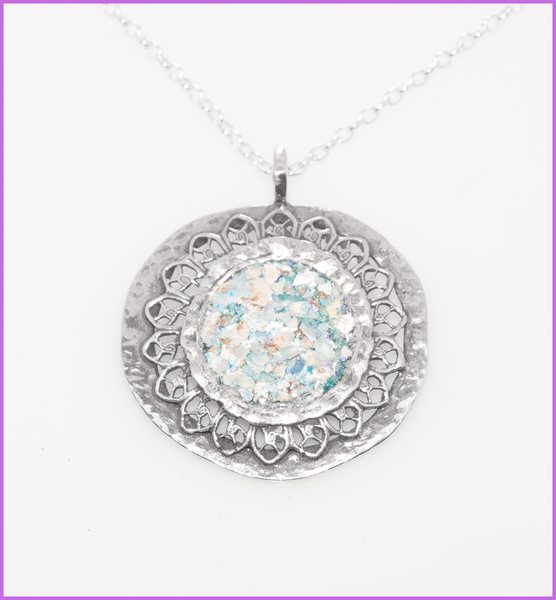 Roman Glass Center Surrounded in Sterling Silver Pedals – Stack-A-Bangles